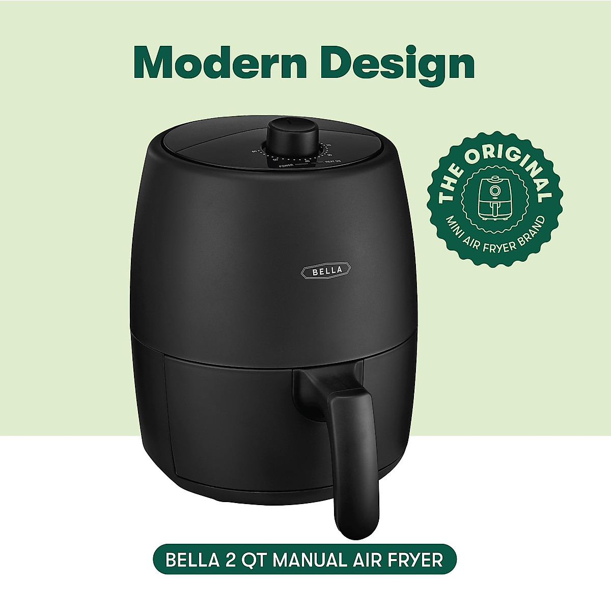 BELLA 2 qt Manual Air Fryer Oven and 5-in-1 Multicooker with Removable Nonstick and Dishwasher Safe Crisping Tray and Basket, 1200 Watt Heating System, Matte Black