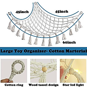 2 Pack Stuffed Animal Net or Hammock with Led Light stuffed animal hammock Boho Plush Stuffed Animal Holder Hanging Storage Nets Kids Bedroom, 45" x 45" x 60", White
