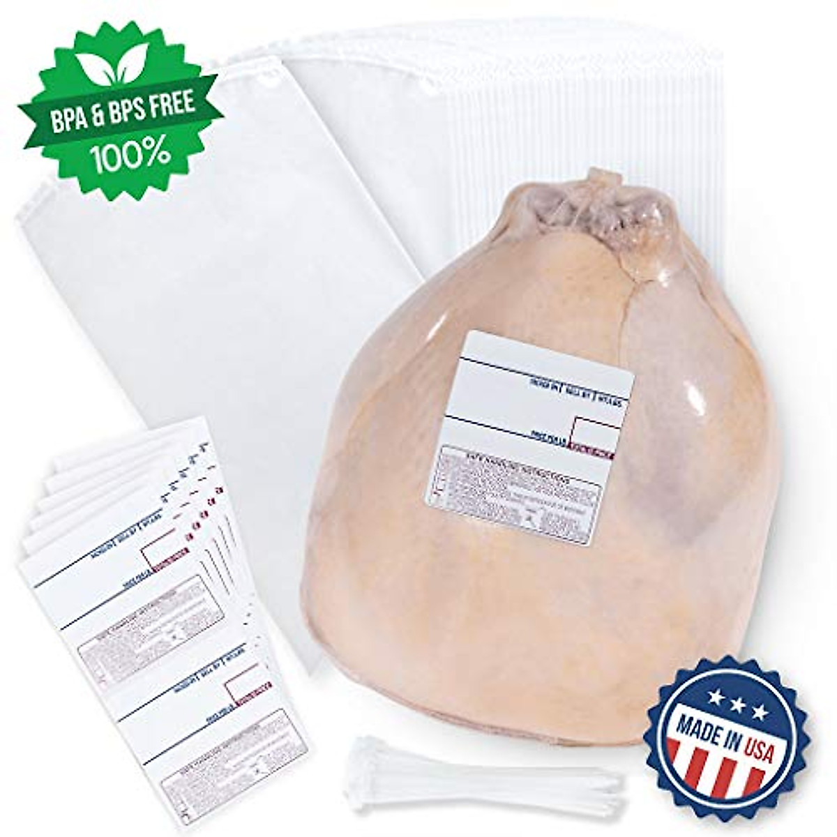 Poultry Shrink Bags 12"x16" (50pk) Zip Ties and Labels, 3 MIL, BPA/BPS Free, MADE IN USA