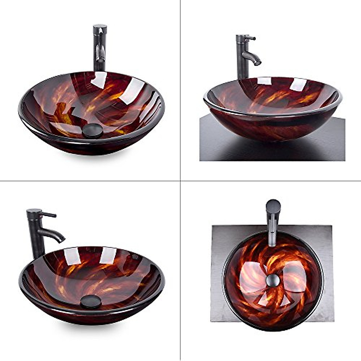 Puluomis Artistic Vessel Sink Bathroom Tempered Glass Vanity Round Bowl with Oil Rubber Bronze Faucet and Pop up drain Combo, Flame Red
