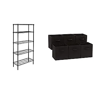 Amazon Basics 5-Shelf Storage Unit with Height Adjustable Shelves and Foldable Storage Cubes (6 Pack), Black
