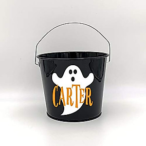 Personalized Halloween Ghost Name Pail - Choose The Color - Metal Pail Bucket Basket Bag for Girls and Boys