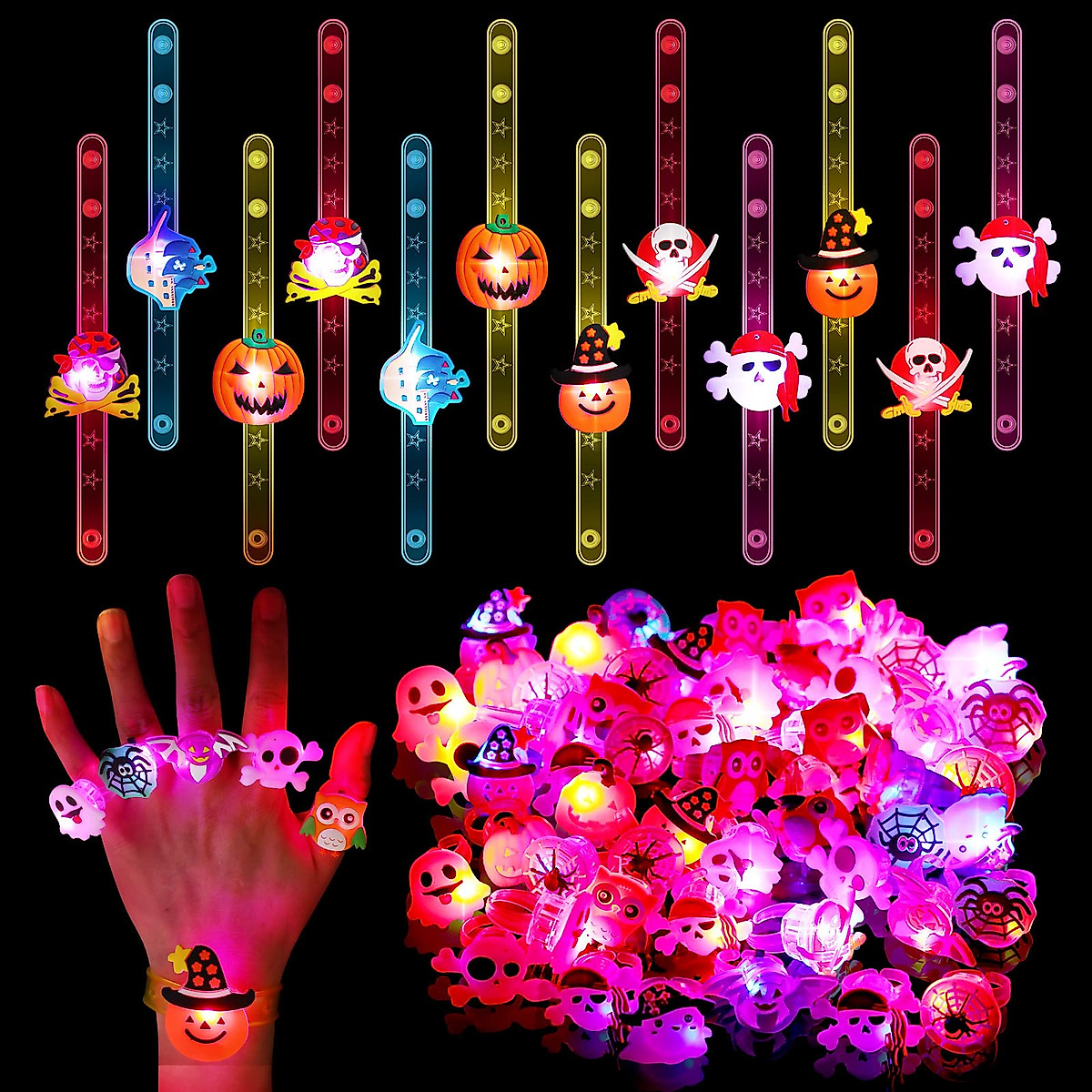 100 Pcs Halloween Party Favors Toys 76 Halloween LED Light Up Rings and 24 Bracelets Bulk for Light Up Halloween Toys Glow in The Dark for Kids Halloween Party Supplies Decorations