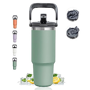30 oz Tumbler with Lid and Straw - Stainless Steel Double Wall Insulated Tumbler with Handle, Coffee Mugs Boba Cup for Women Men, Water Bottle Travel Tumbler for Car/Home/Gym, Cold up to 24h Green