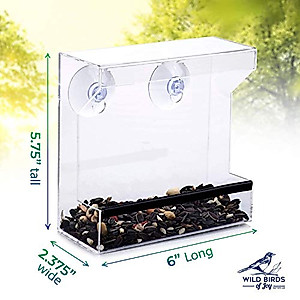Wild Birds of Joy Window Bird Feeder with Strong Suction Cups and Seed Tray with Drain Holes, Small, Compact, Clear Acrylic, Easy Clean, Outside Feeders for Transparent Viewing