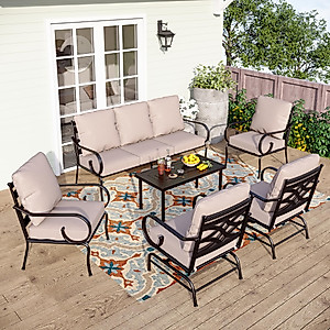 PHI VILLA Metal Patio Outdoor Furniture Sets,All-Weather Steel Frame Patio Conversation Sets for Backyard, Porch and Garden（Beige, 6 pcs w/Table）