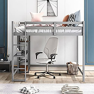 DEYOBED Full Size Wooden Loft Bed Frame with Built-in Desk Shelves for Kids Teens Adults