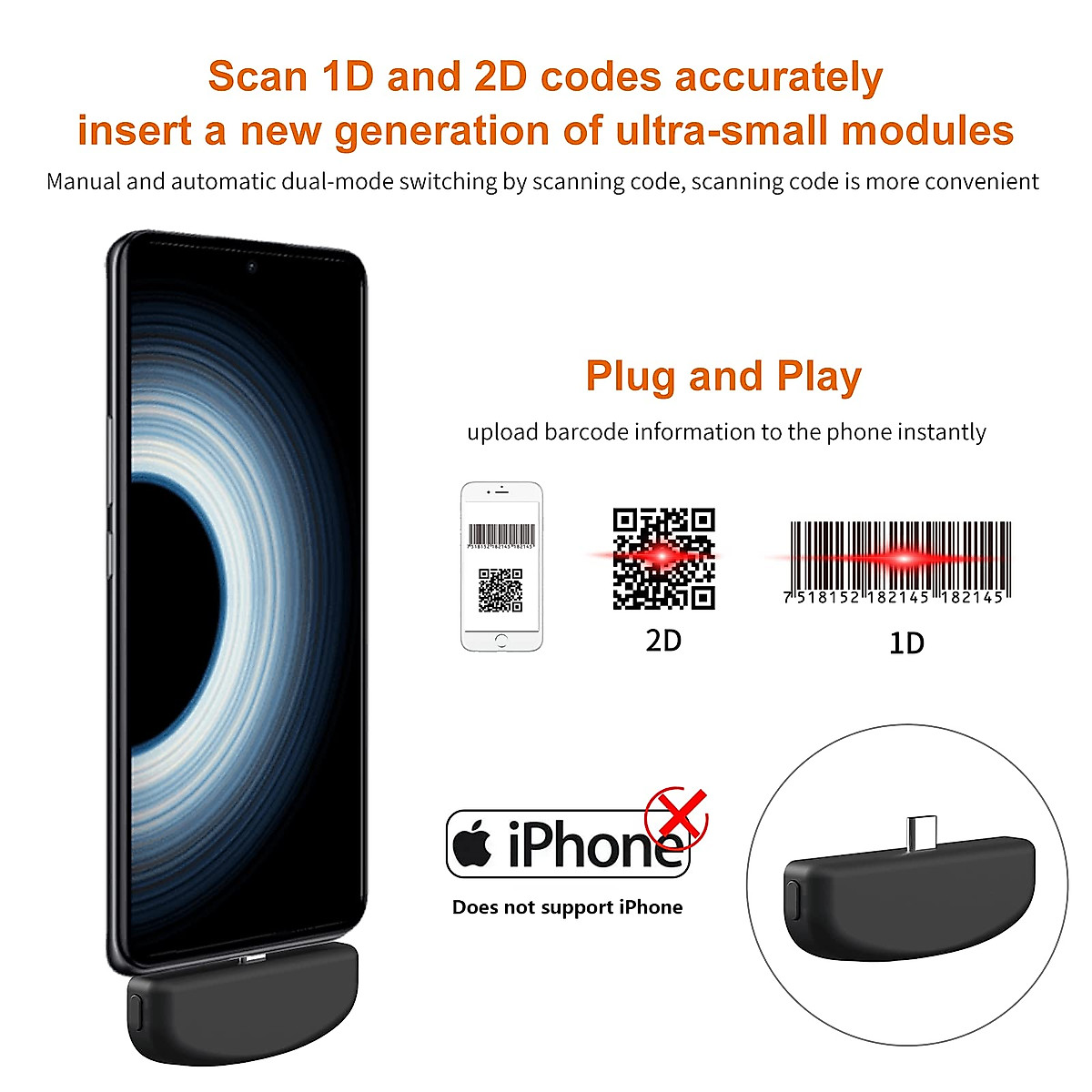 2D Cell Phone Barcode Scanner,Alacrity QR Barcode Reader Scanner Module Scanner with Auto Sensing Type-C Cell Phone Screen Barcode Scanner Scan