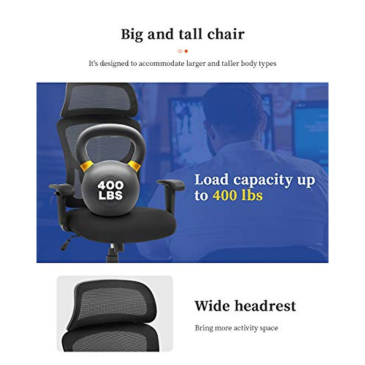 Big and Tall Office Chair Ergonomic Chair 400lbs Wide Seat Executive Desk Chair with Lumbar Support Adjustable Armrest Headrest High Back Mesh Computer Chair Rolling Swivel Task Chair(Black)