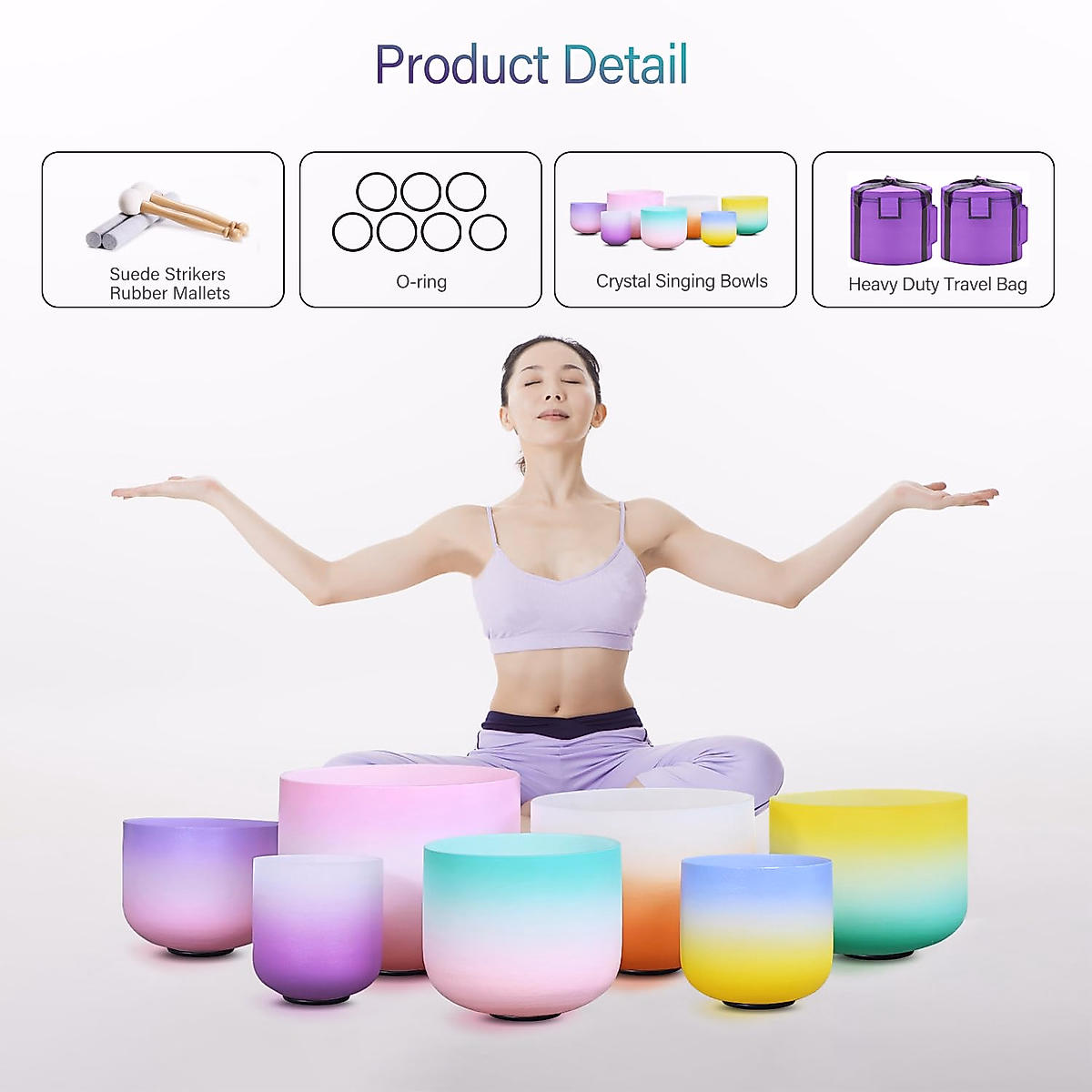 440HZ 6''-12'' Set of 7 PCS Quartz Color Crystal Singing Bowls Sound Healing Meditation