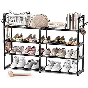 MOCINE 4-Tier Shoe Rack, Black Metal Shoe Racks, Stackable Shoe Shelf with Multifunctional Hooks, Hold 20 Pairs, Space saving shoe rack, Shoes rack for closet,