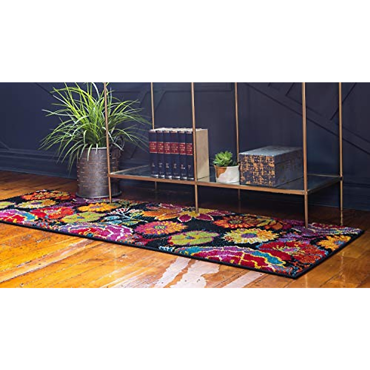 Unique Loom Lyon Collection Colorful Modern Floral Garden Area Rug, 2 x 6 ft, Black/Yellow