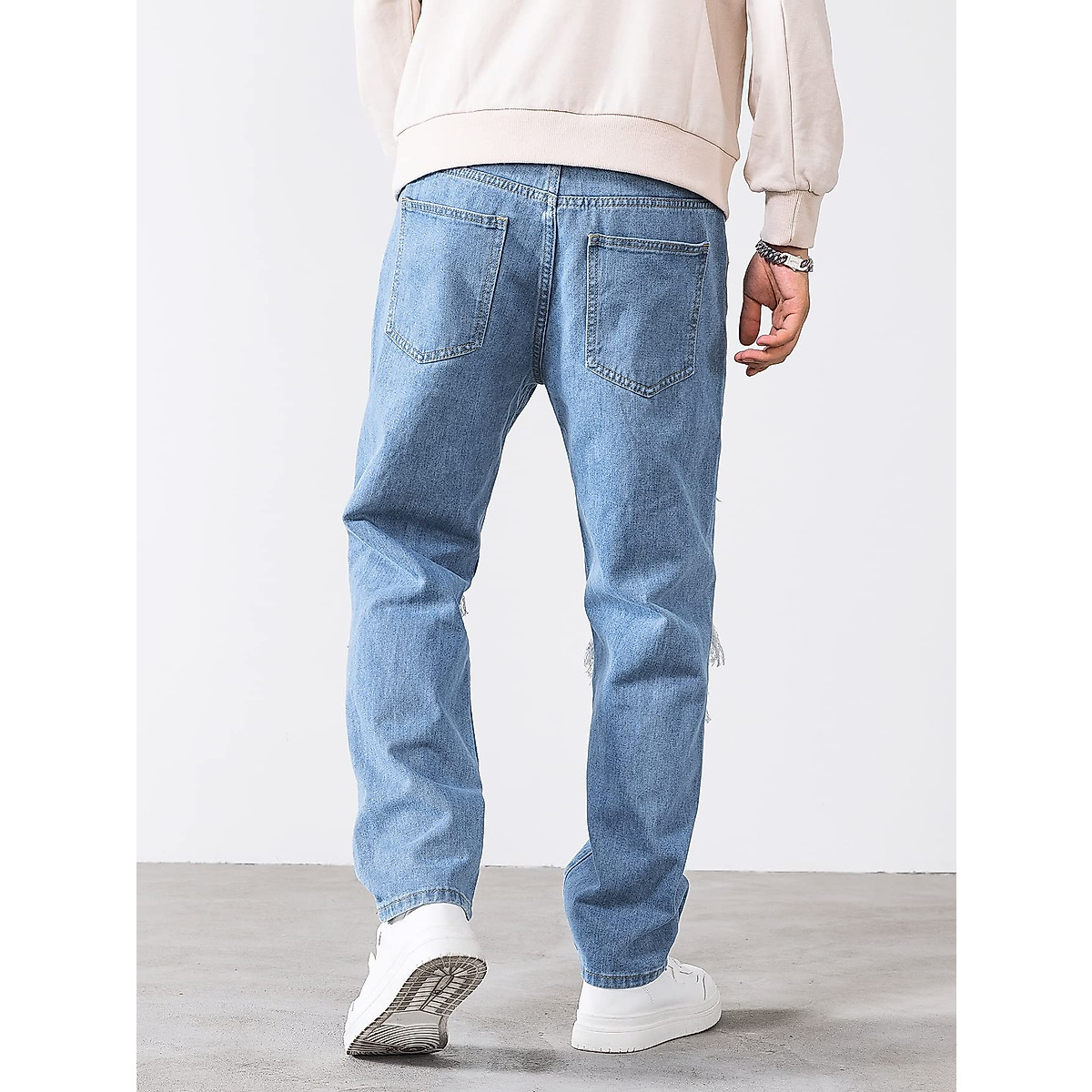 WDIRARA Men's Cut Out Ripped Frayed Zipper Fly Long Straight Leg Denim Jeans Light Wash S