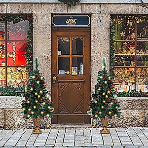 Juegoal 4 FT Christmas Tree, Upgrade Pre-Lit Crestwood Spruce Entrance Tree with 120 LEDs Lights, Pine Cones, Red Berries in Gold Urn Base for Front Door, Porch, Entryway Xmas Home Decorations, 2 Pack