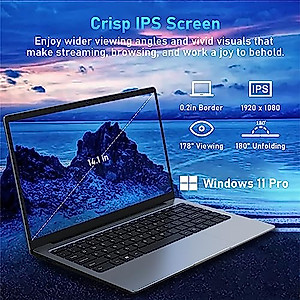 Auusda Laptop Computer with 8GB DDR4 256GB SSD, Intel Celeron J4105 Up to 2.5 GHz, 14.1" 1920x1080 IPS LCD, Webcam, Mini HDMI, USB-A x 2, Micro SD Card Slot, Windows 11 Pro, 3TB Storage Upgrades