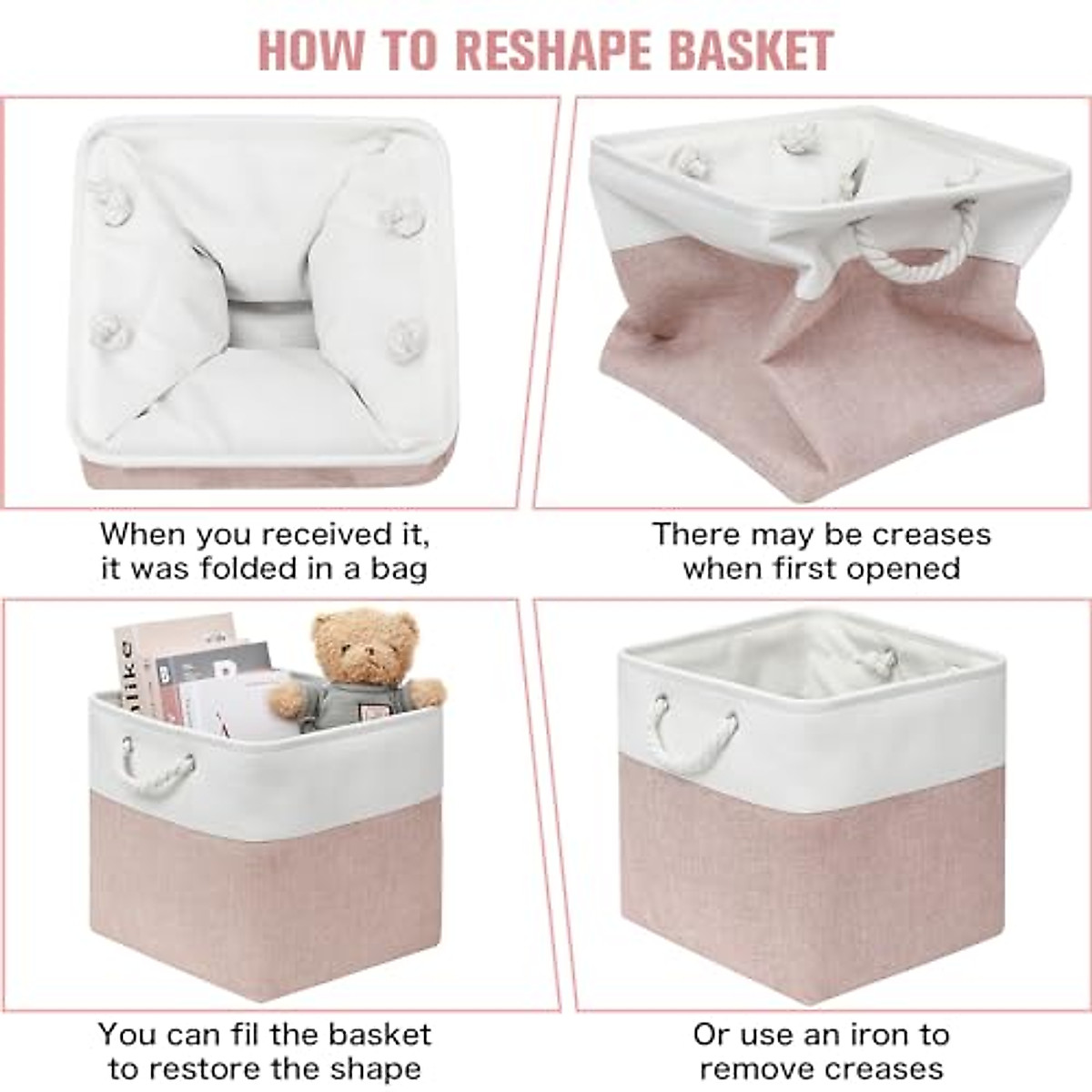 AUSSIY Cube Storage Bin, Collapsible Fabric Storage Bins With Handles, For Clothes Storage, Toys, Book , 13×13×13inches, Pack of 6 (White Pink)