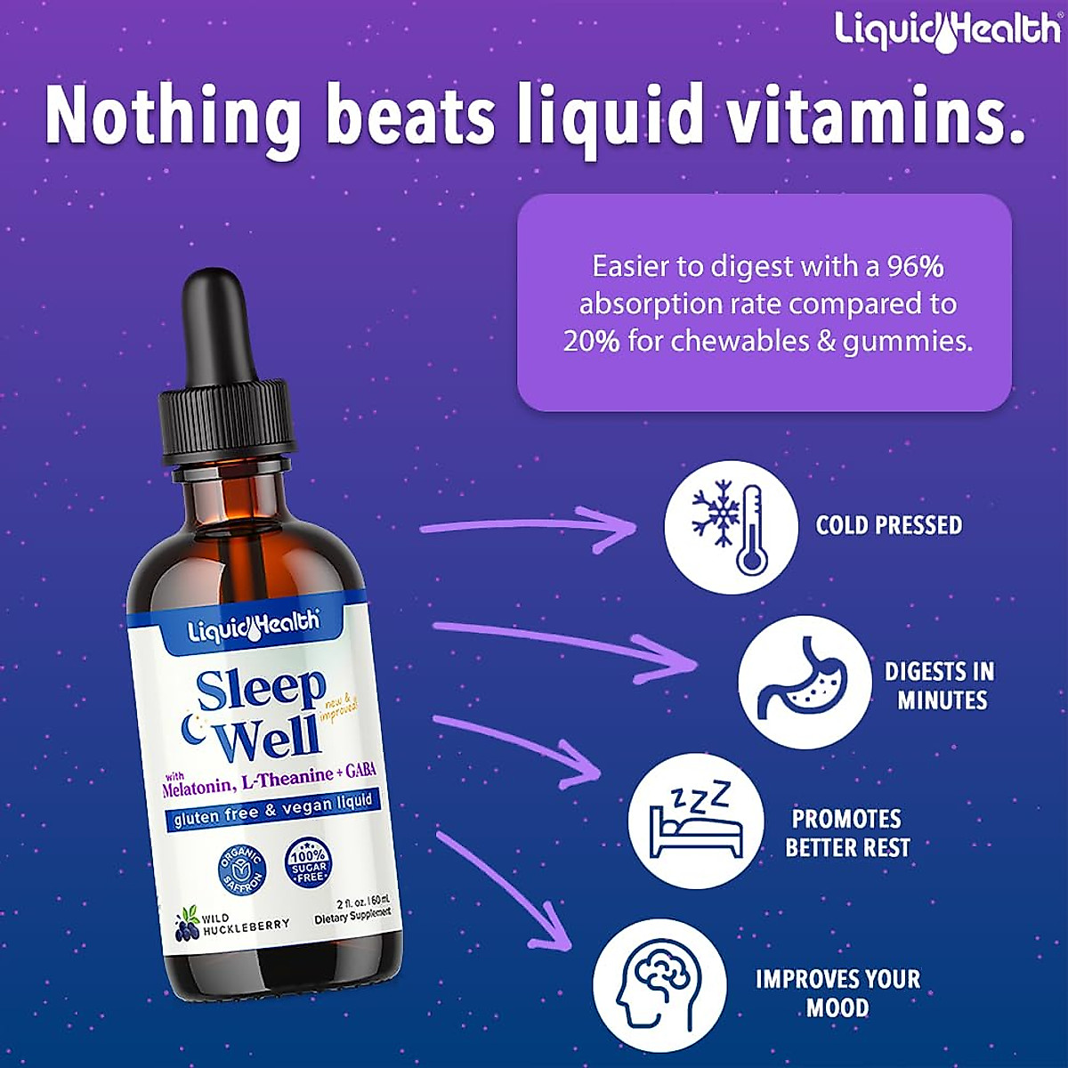 LIQUIDHEALTH Sleep Well Natural Sleep Aid Melatonin Drops - Better Sleep & Mood, Relax & Calm Mind, Fall Asleep Faster Stay Asleep Longer - Vegan, Sugar Free, Drug Free, Non-GMO, Great Taste (2 oz)