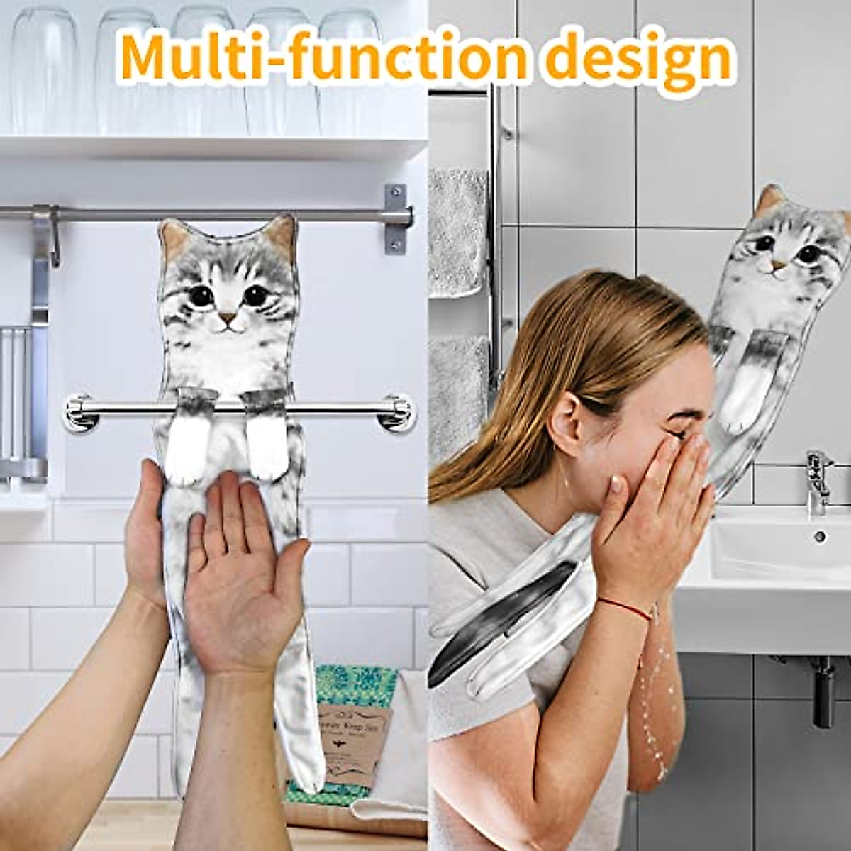 Cat Funny Hand Towels for Kitchen and Bathroom, High Absorbency Hand Towels Cute Decorative Cat Decor Hanging Washcloths Face Towels, Not Easy to Deformation, for Cat Lovers(Tabby cat)
