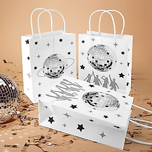36 Pcs Disco Ball Gift Bags Disco Party Disposable Gift Bag 70s Disco Party Supplies for Candy Goodies Gifts, Disco Paper Bags with Handles for Wedding Bachelorette Party Decoration (White)