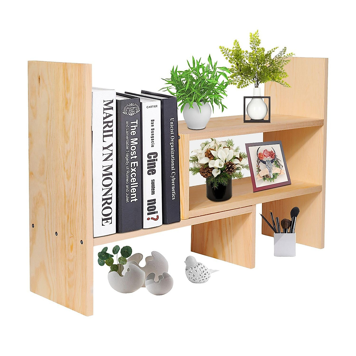 Flexzion Natural Wooden Desktop Shelf Wood Caddy Desk Organizer Set Office Storage Adjustable Expandable Tabletop Accessory Sorter Bookcase Display Stand Rack (Beige)