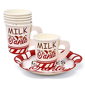 Gift Boutique 24 Disposable Xmas Santa Milk & Cookies Cup & Saucers Set 7 Oz Paper Mug with Handle 7" Scallop Shaped Saucer Plate for Tea Hot Cocoa Chocolate Coffee Mugs Holiday Xmas Dinner Supply