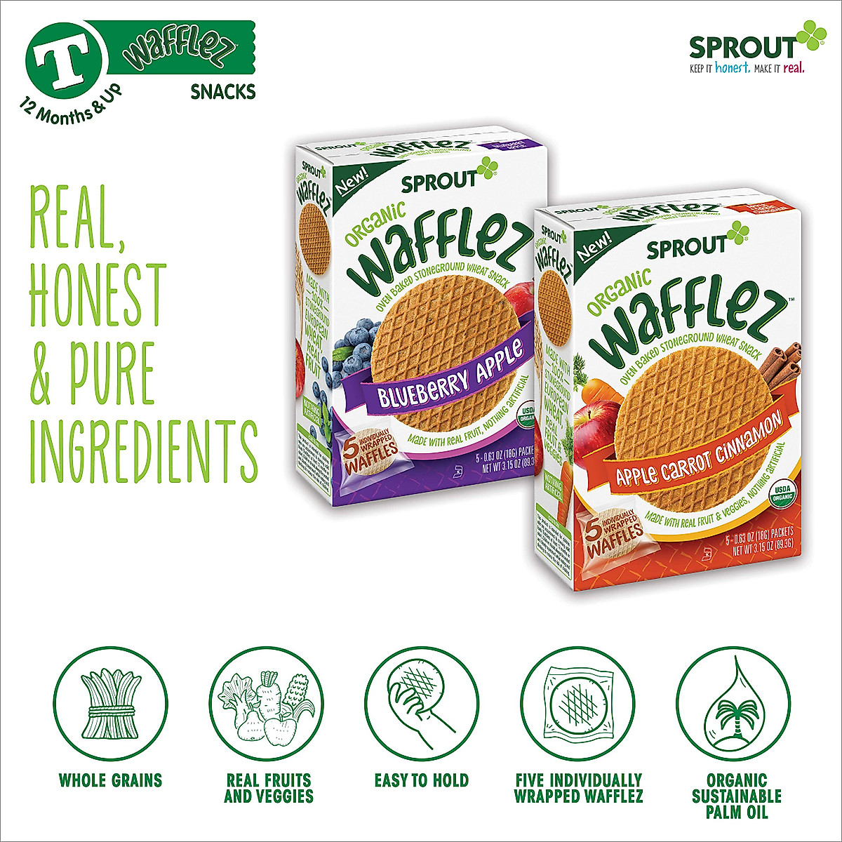 Sprout Organic Baby Food, Stage 4 Toddler Snacks, Apple Carrot Cinnamon Wafflez, Single Serve Waffles 5 Count(Pack of 1)