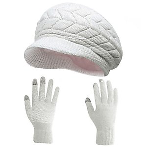HINDAWI Winter Hat Gloves for Women Knit Snow Ski Outdoor Newsboy Caps Touch Screen Mittens White
