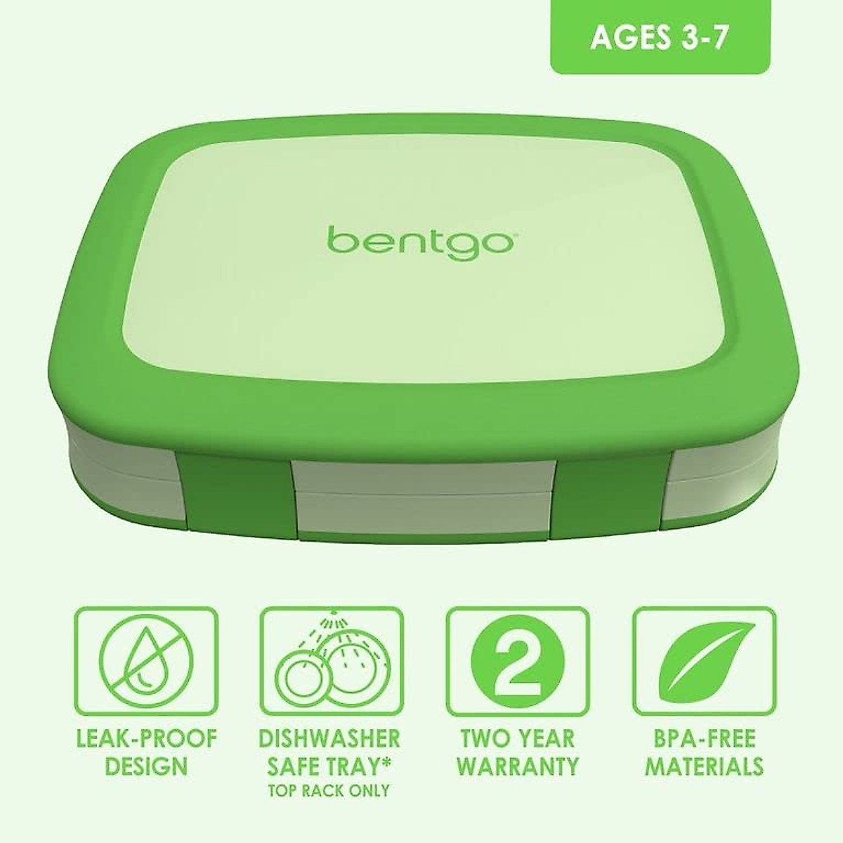 Bentgo® Kids Bento-Style 5-Compartment Lunch Box - Ideal Portion Sizes for Ages 3 to 7 - Leak-Proof, Drop-Proof, Dishwasher Safe, BPA-Free, & Made with Food-Safe Materials (Green)