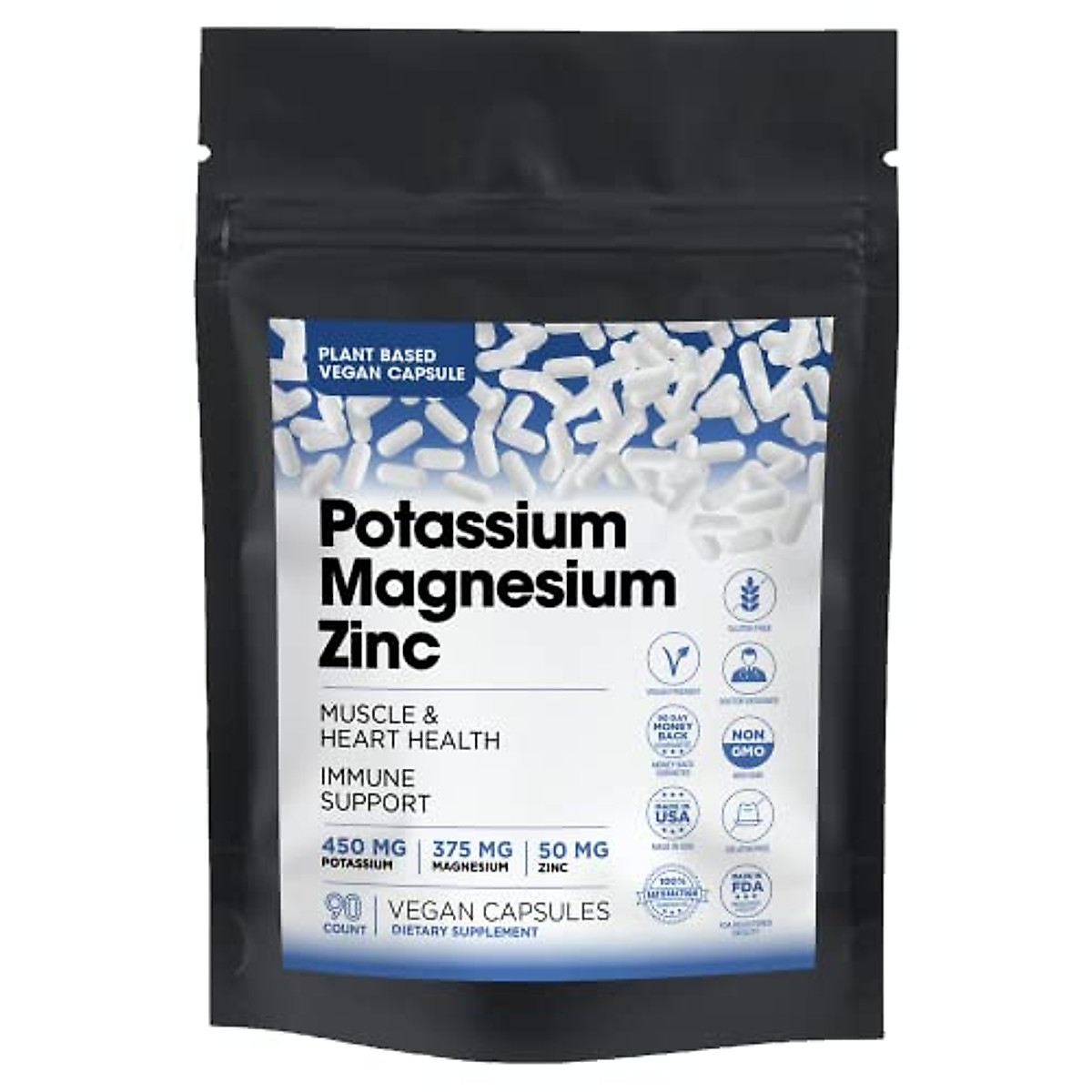 Magnesium Potassium Supplements w/ Zinc - 90 Capsules - Magnesium Potassium Zinc for Vascular Health – High Absorption Vegan Potassium Magnesium Supplement for Leg Cramps and Sleep
