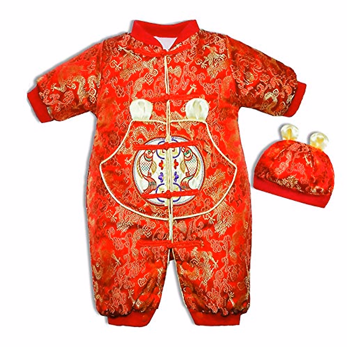 FANCYKIDS Baby Infant Newborn Boys Girls Chinese Years Lunar Asian Tang Qipao Shirt Top Outfit Romper with Hat (REDDRAGON, 0 to 2 Months)