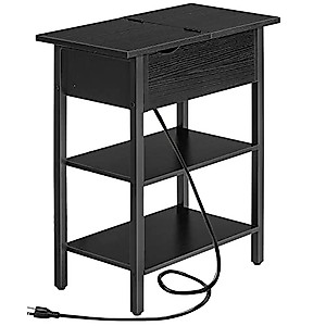 HOOBRO Side Table, Flip End Table with Charging Station and Shelves, USB Ports & Power Outlets, Narrow Nightstand for Small Spaces, Stable and Sturdy, for Living Room, Black BK341BZ01