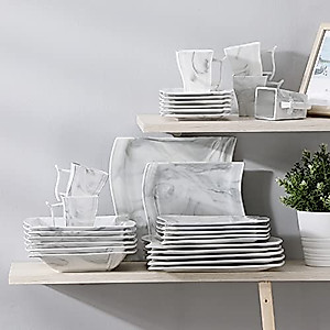 MALACASA Dinnerware Sets, 30 Piece Porcelain Square Plates and Bowls Sets for 6, Marble Grey Dinner Set with Dishes, Dinner Plate Set, Cups and Saucers, Modern Dinnerware Set, Series Flora