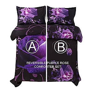 Purple Comforter Set Full Reversible Purple Rose Pattern Printed Bedding Down Comforter with 2 Pillow Cases for All Seasons, Soft Microfiber Bedding Comforter Duvet Set for Full Bed 80"x90"