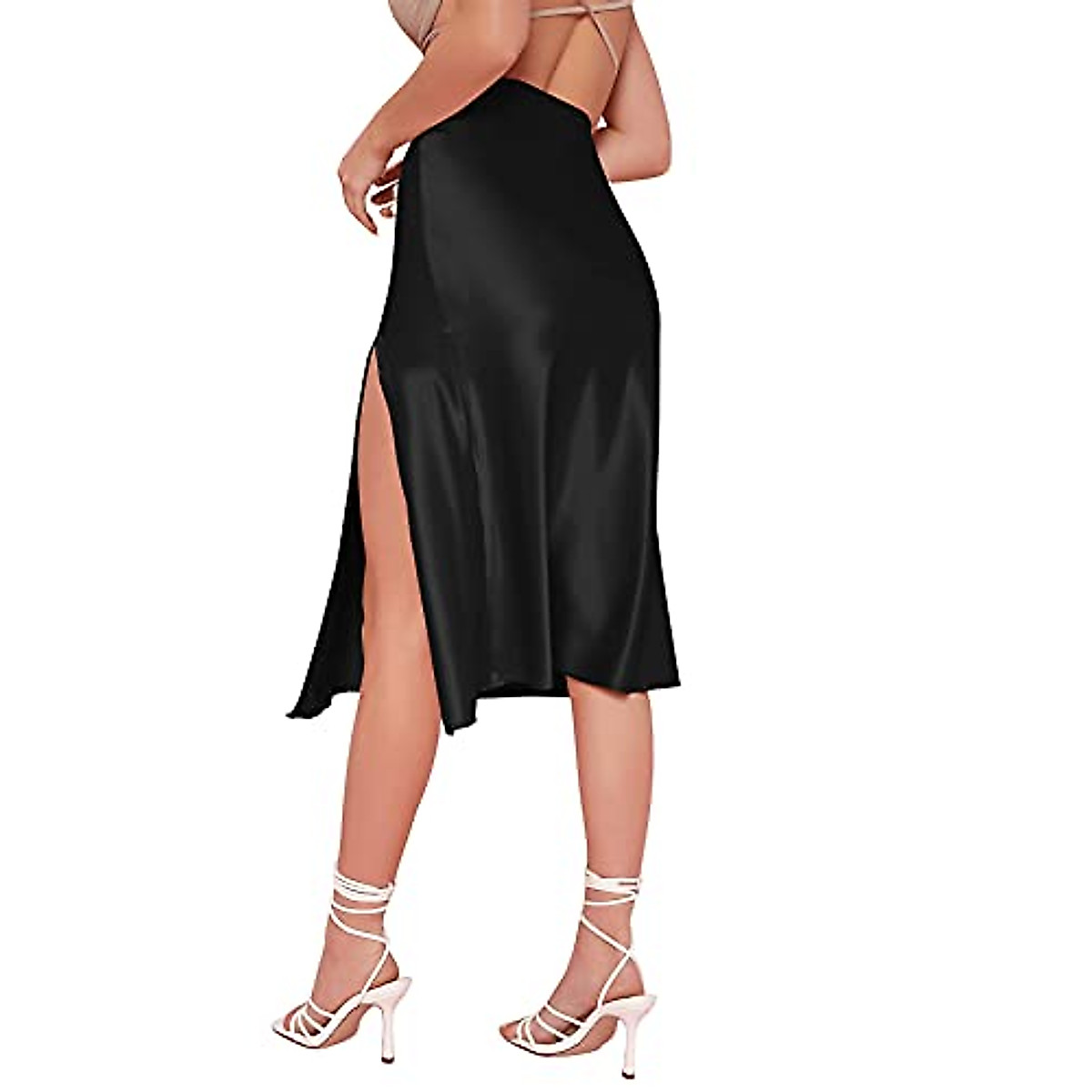 Verdusa Women's Satin Split Thigh High Waist Swing Midi Skirt Satin Black M