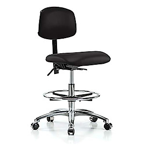 Perch Chrome Rolling Task Chair with Adjustable Back Support and Foot Ring for Hardwood or Tile Floors, Workbench Height, Black Vinyl