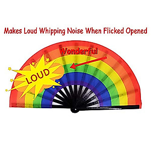 Amajiji Large Folding Hand Rave Fan for Women/Men, Chinease/Japanese Bamboo and Nylon-Cloth Folding Hand Fan, Hand Fan Festival Fan Gift Fan Craft Fan Folding Fan Dance Fan (Rainbow)