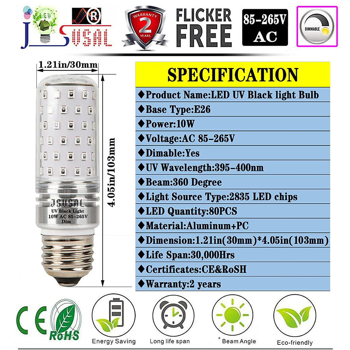 JSVSAL LED Black Lights Bulb Dimmable,10W Blacklight 100W Equivalent, AC 85-265V E26 Medium Base,UVA Level 395-400nm,Glow in The Dark for Body Paint,Blacklights Party,Fluorescent Poster (2-Pack)