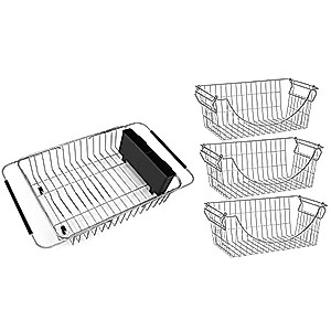 SANNO Over The Sink Dish Drainer Dish Drying Rack+Stackable Storage Baskets Cubby Bins for Kitchen