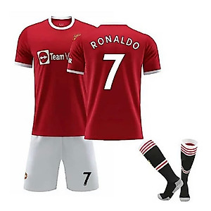 Manchester Ronaldo Red Home Soccer Kids Set (Jersey + Shorts + Socks) Kit Size Medium (8-9 Years Old) for Youth