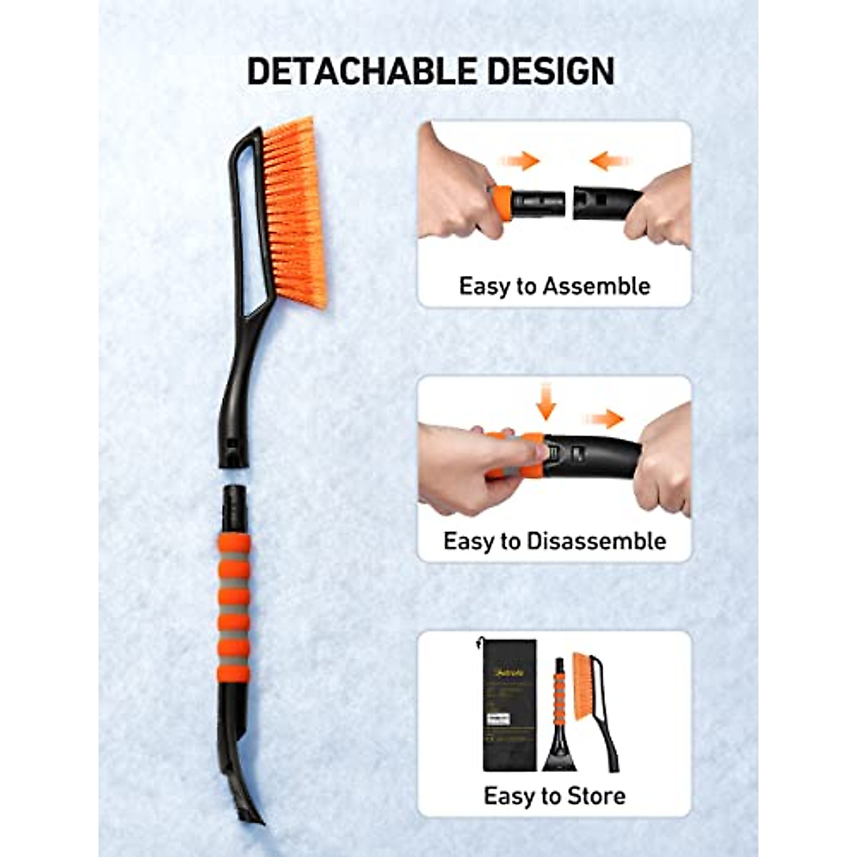 AstroAI 27 Inch Snow Brush and Detachable Ice Scraper with Ergonomic Foam Grip for Cars, Trucks, SUVs (Heavy Duty ABS, PVC Brush)