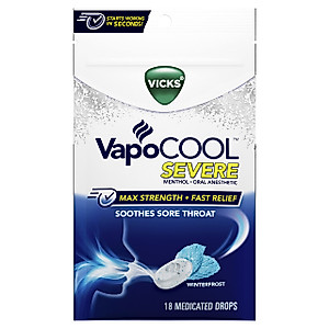 Vicks, VapoCOOL SEVERE Medicated Drops 18ct MaximumStrength Relief to Soothe Sore Throat Pain, Menthole, 18 Count
