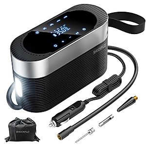 ShockFlo Tire Inflator Portable Air Compressor 12v DC Ultra Fast Air Pump for Car Tires- 150PSI Car Tire Air Pump Digital Pressure & Pre-set Gauge with Emergency LED Light