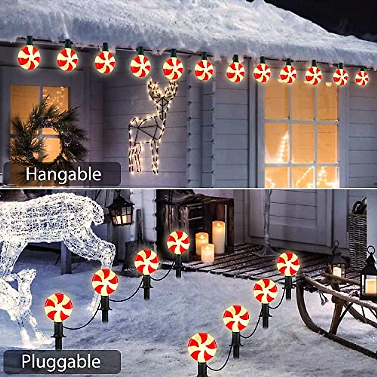 Christmas Lollipop Pathway Lights Outdoor, 7.2ft Plug in Peppermint Walkway String Lights for Christmas Decoration, Garden, Yard, Hangable, Waterproof, Connectable, Warm White (2 PC)
