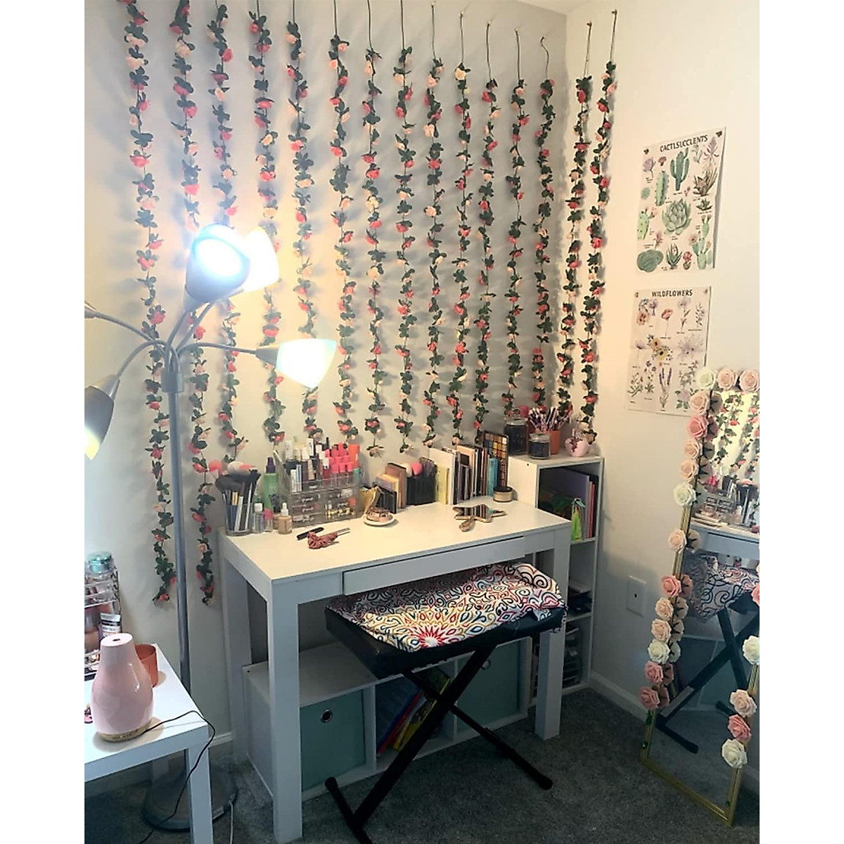 Beferr 5Pcs 41FT Rose Flower Wreaths Artificial Rose Wreaths Fake Silk Flowers Rose Ivy Hanging for Home Wedding Party Garden Craft Wall Decor Champagne