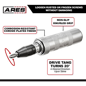 ARES 70606-1/2-Inch Manual Reversible Impact Driver - Flathead 5/16 & 3/8 and Phillips #2 & #3 Bits for Most Common Applications - Disengage Brake Caliper Screws, Rusted Fasteners or Frozen Bolts