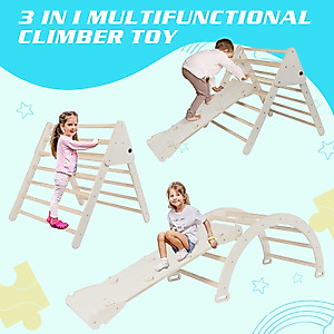 NAVINE 3 in 1 Foldable Triangle Ladder, Pikler Triangle Climber with Ramp, Sturdy Wooden Toddler Climbing Toys for Toddlers 1-3. with Climbing Triangle/Arch/ramp.Burlywood