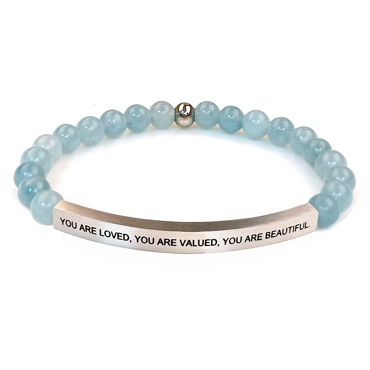 Aquamarine Beads-YOU ARE LOVED YOU ARE VALUED YOU ARE BEAUTIFUL- Faith Motivated Messages Engraved Stainless Steel Bar Beaded Inspirational Bracelets,Gifts for Women Men Girls Boys Mother Daughter Friends,Birthday Present. (silver-Aquamarine-YOU ARE LOVED