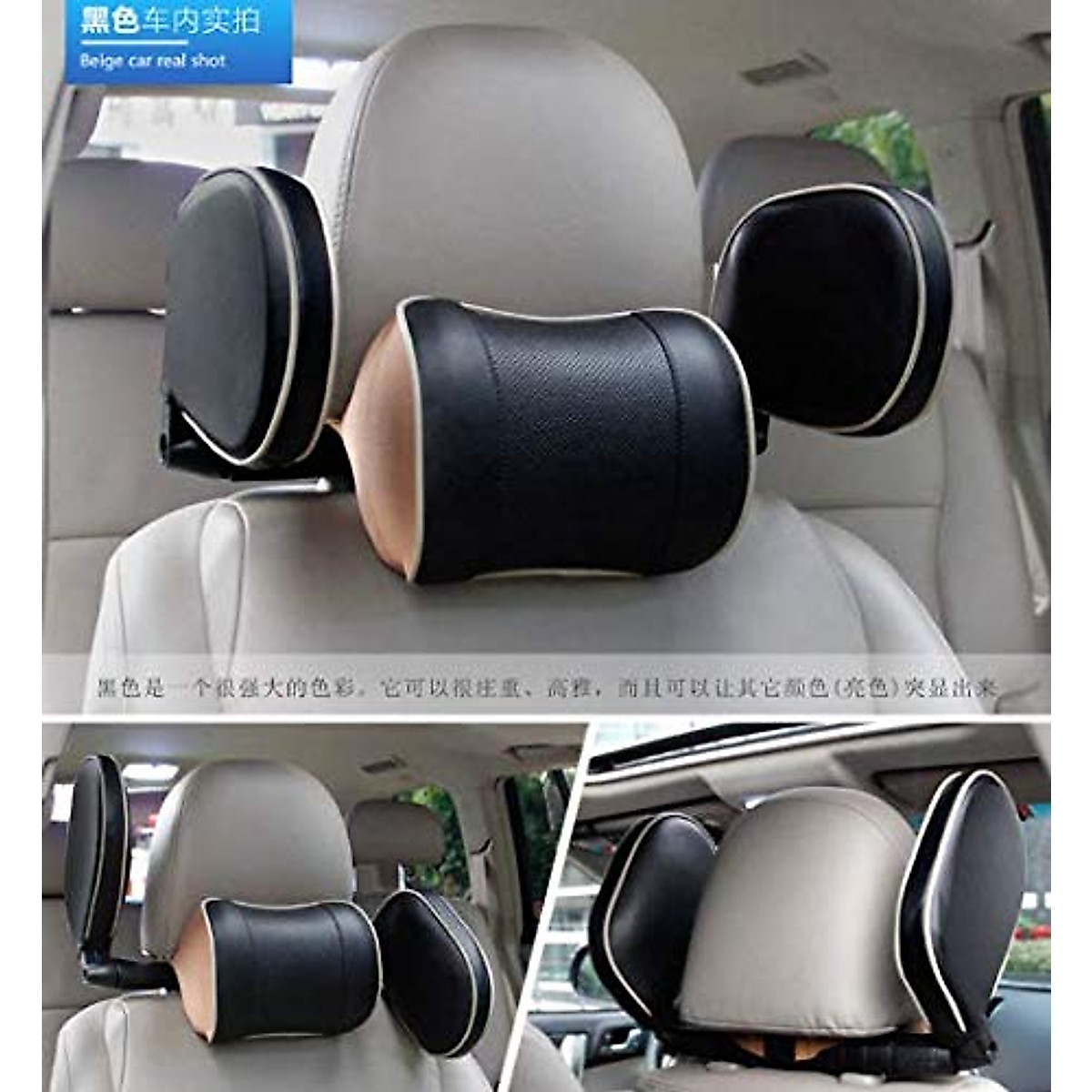 Car Seat Headrest Pillow, Support Neck Pillow Head Protection Cervical Spine Adjustable on Both Sides Telescopic Version PU Leather Universal for Kids Adults Travel(Side Pillow + Headrest Pillow)