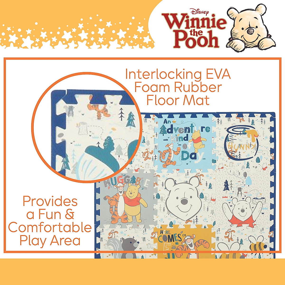 Disney Winnie The Pooh EVA Foam Mat, Winter Prairie Interlocking EVA Foam Flooring Tiles, Yellow, 36 x 36 Inches
