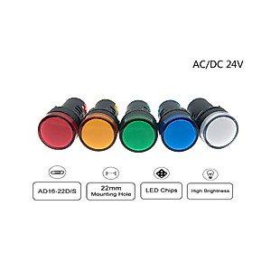 RESALET Indicator Lights AC/DC 24V, Red+Green+Blue+Yellow+White LED, 22mm Panel Mount, for Electrical Control Panel, HVAC, DIY Projects 10Pcs